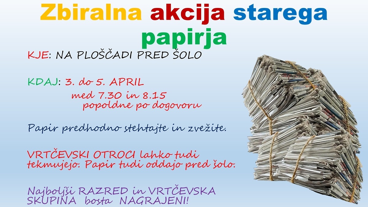 Zbiralna akcija starega papirja | Osnovna šola in vrtec Ankaran